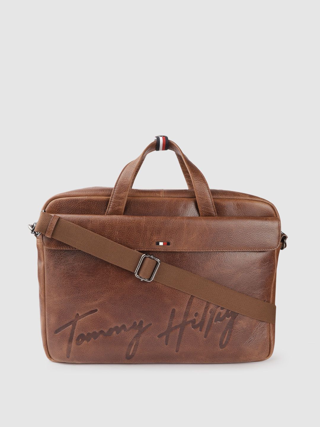 Tommy Hilfiger Men Tan Textured Brand Logo Laptop Bag - Price History