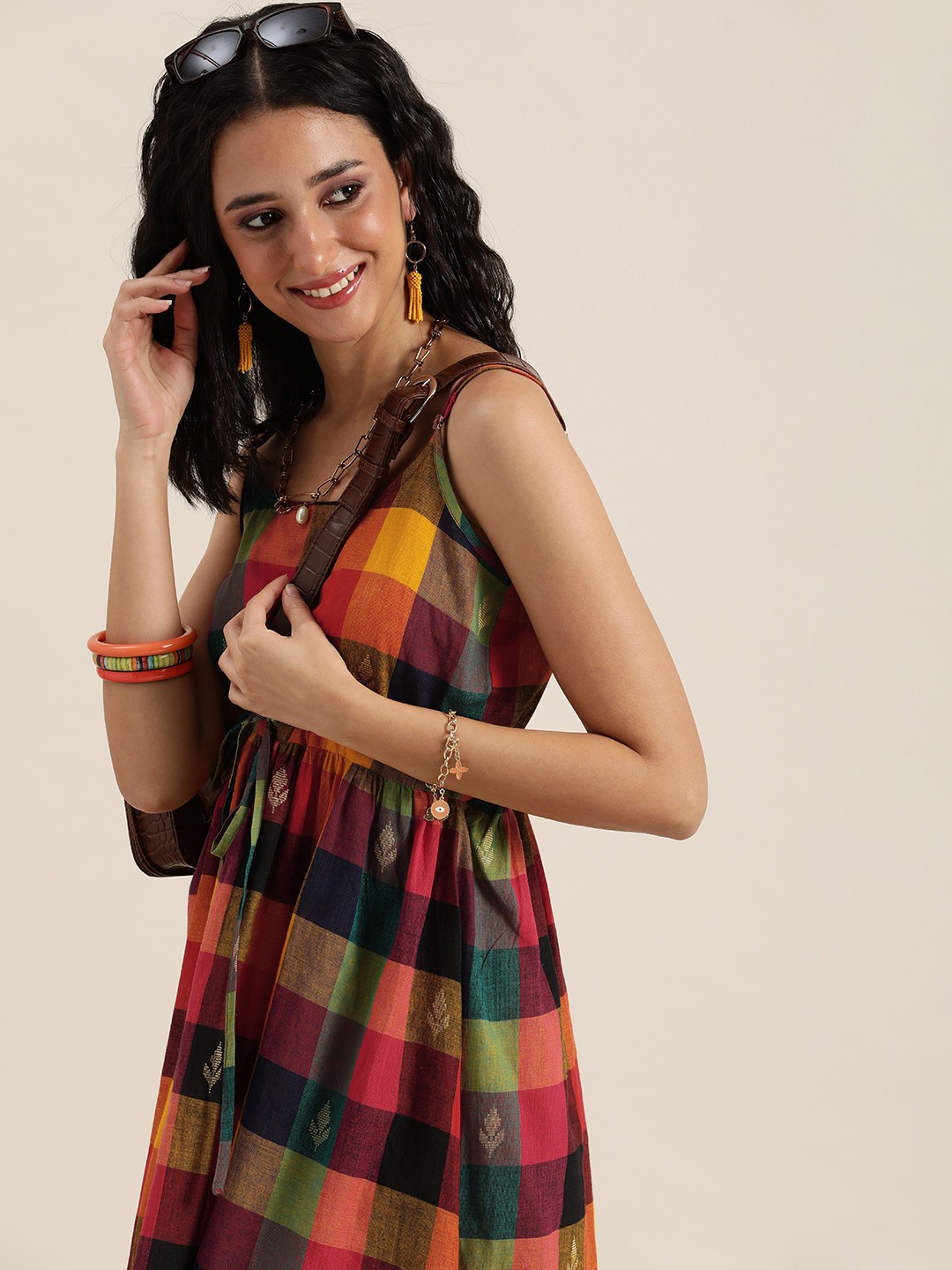 Buy Taavi Woven Legacy Checked Fit Flare Dress With Drawstring Detail