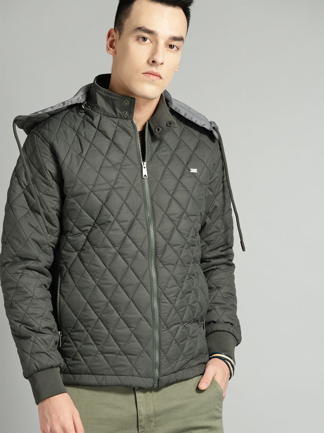 The Roadster Lifestyle Co Men Olive Green Solid Quilted Jacket - Price History