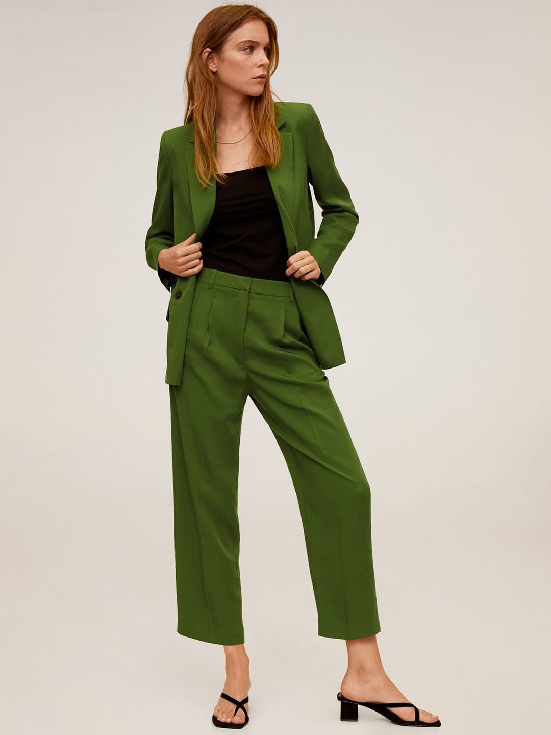 Buy MANGO Women Green Regular Fit Solid Cropped Sustainable Trousers ...
