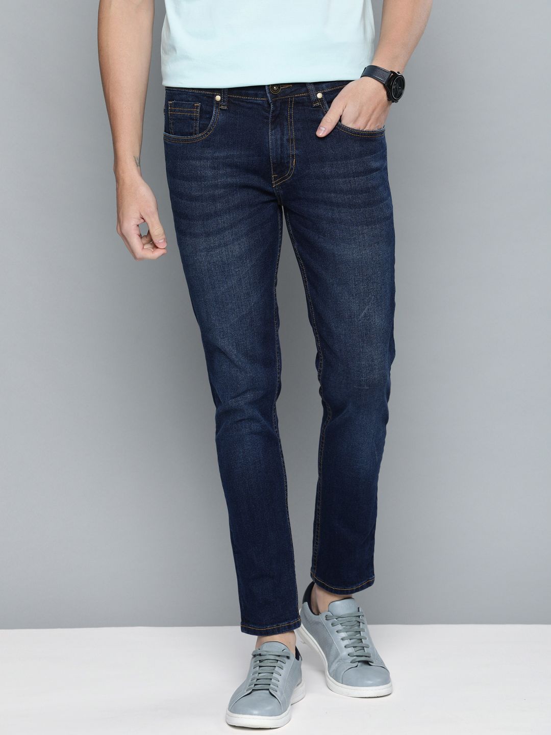 Mast & Harbour Men Navy Blue Skinny Fit Mid-Rise Clean Look Stretchable ...