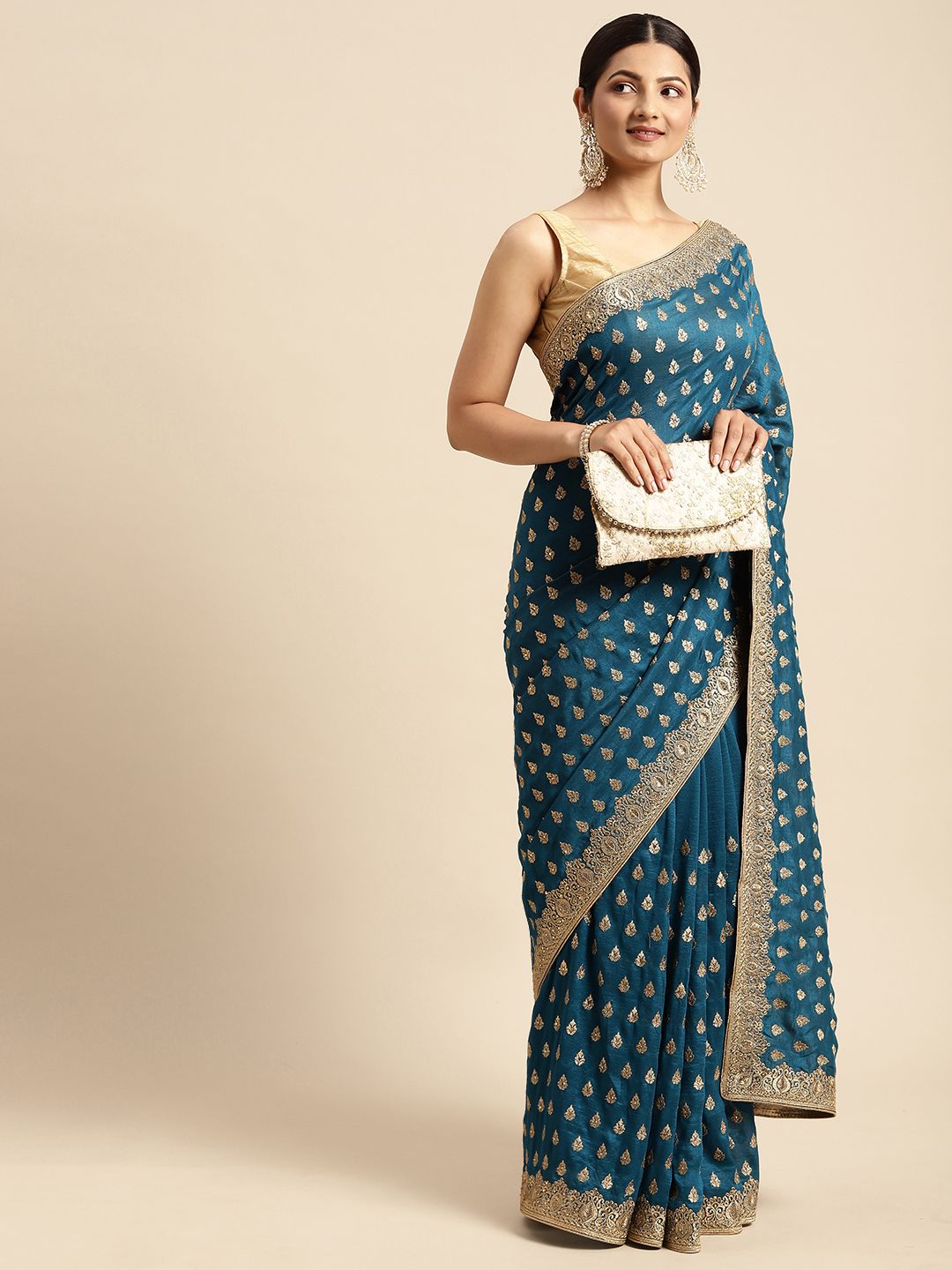 Buy MOHEY Teal Blue & Golden Ethnic Motifs Silk Blend Saree - Sarees ...