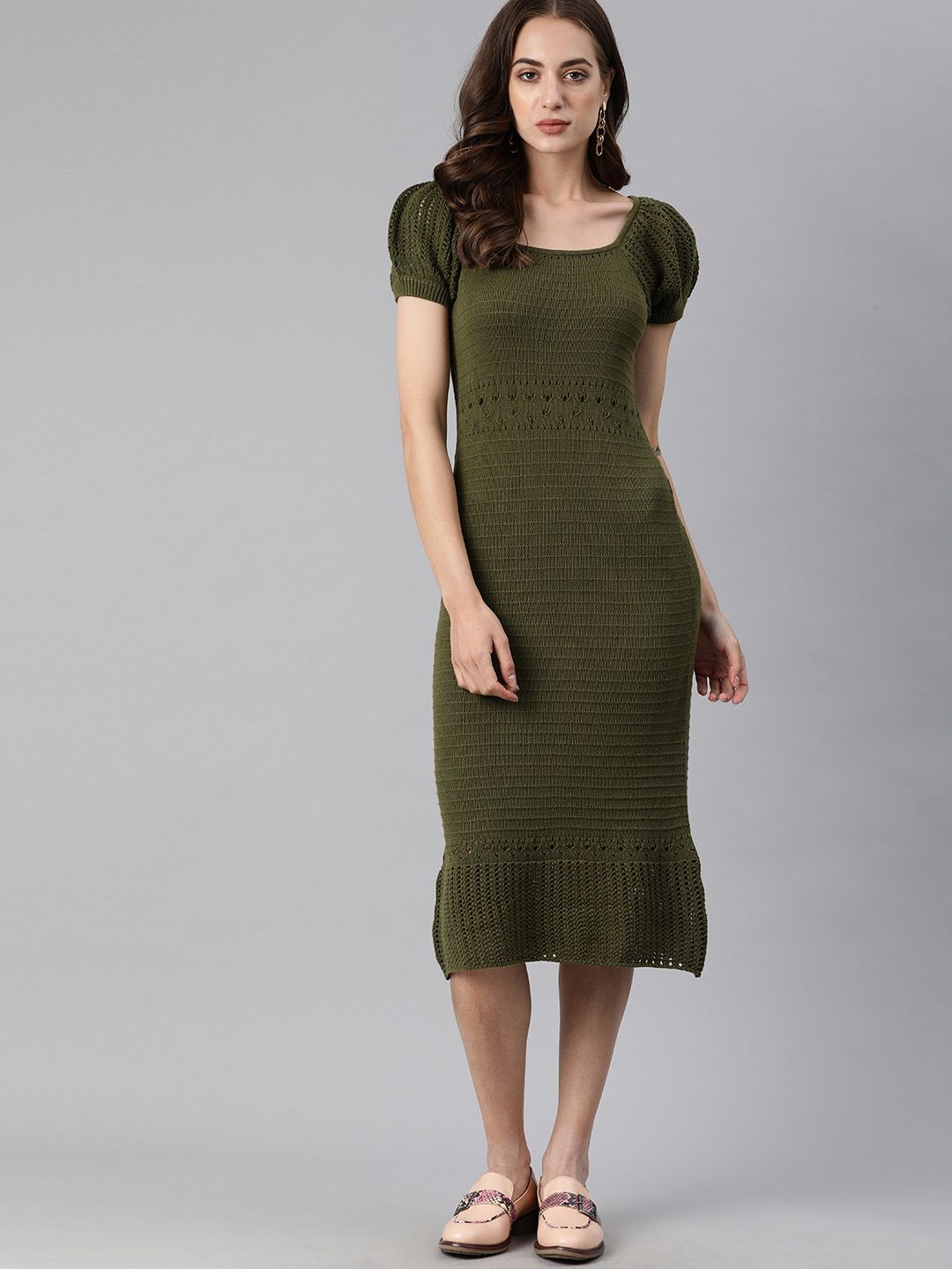 The Roadster Lifestyle Co Olive Green Sheath Crochet Midi Dress - Price ...