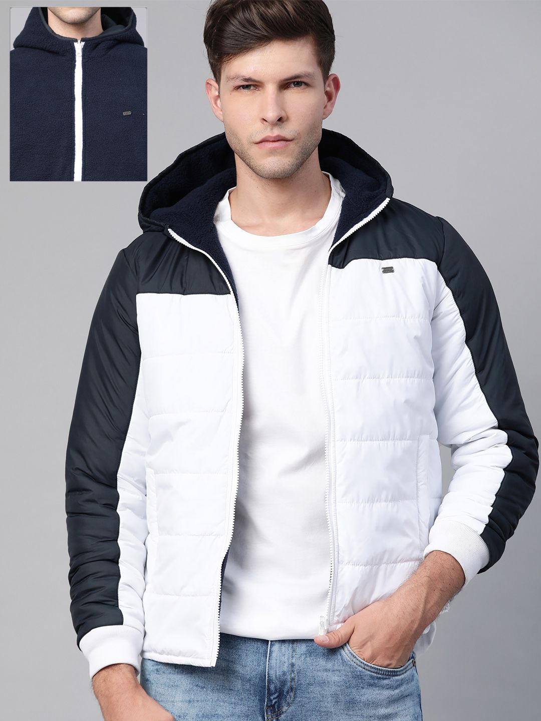 Roadster Men White & Navy Blue Colourblocked Reversible Padded Jacket ...