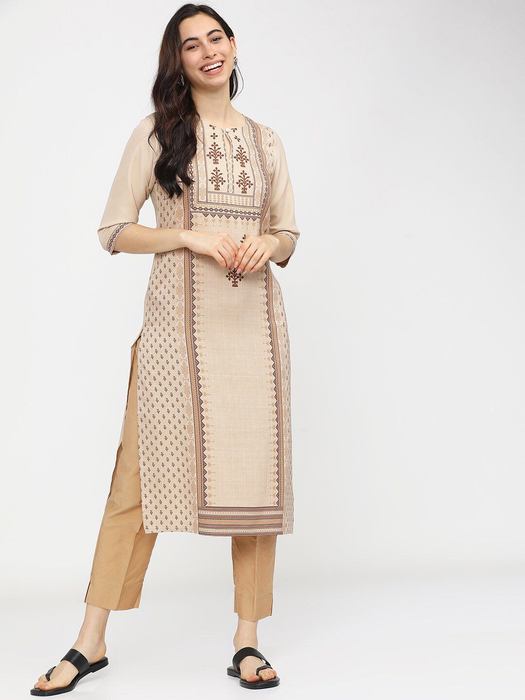 KETCH Women Beige Ethnic Motifs Yoke Design Keyhole Neck Kurta - Price ...