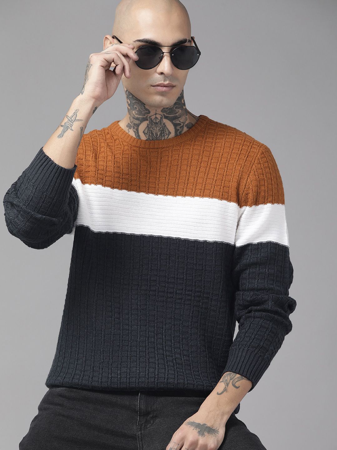 The Roadster Lifestyle Co. Men Navy Blue & White Striped Acrylic ...