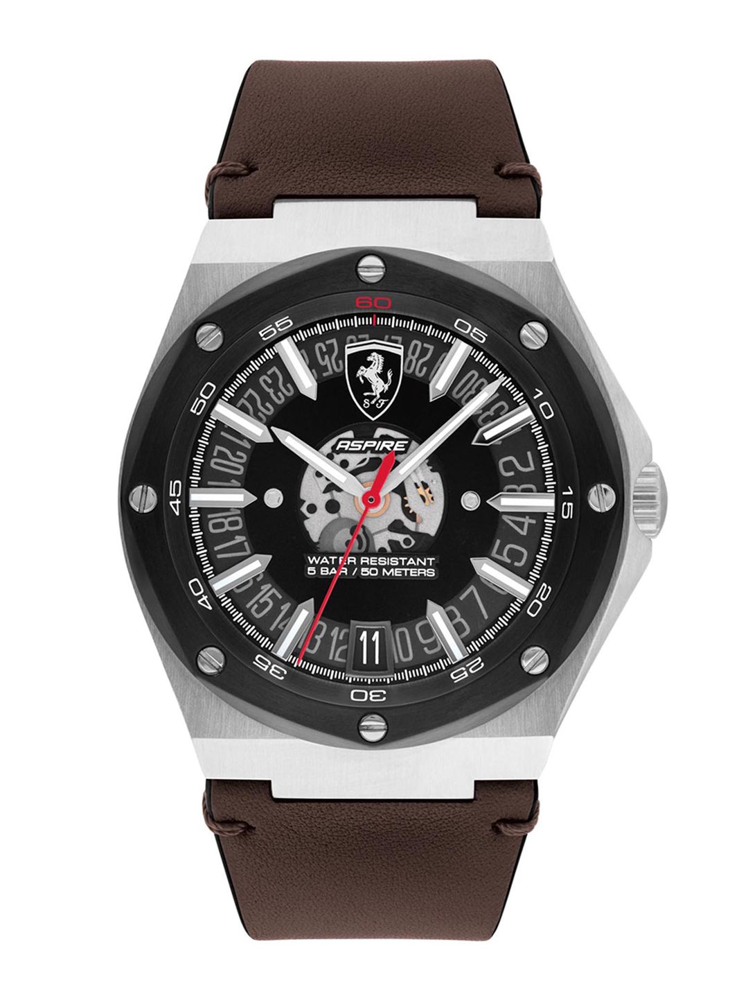 SCUDERIA FERRARI Men Black Brass Dial & Brown Leather Straps Analogue ...