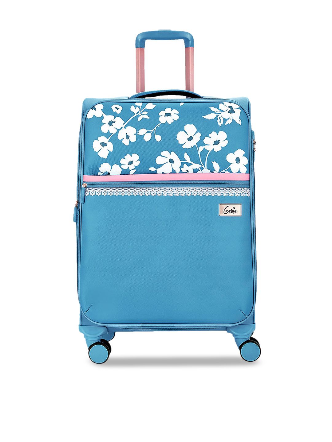 Genie Blue & White Floral Printed Soft Sided Medium Trolley Suitcase ...