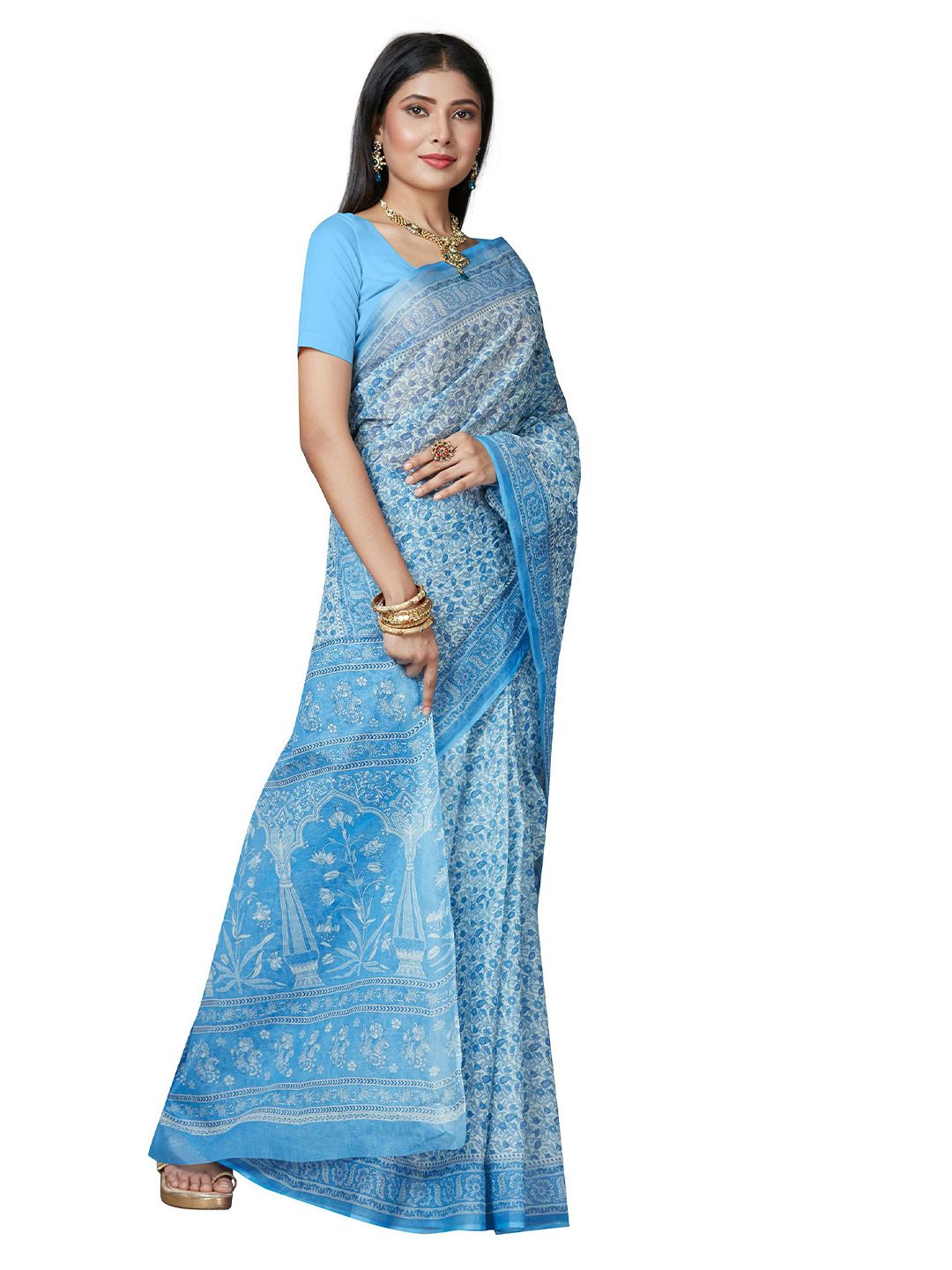 Buy SHANVIKA Blue & Grey Floral Pure Cotton Block Print Saree - Sarees ...
