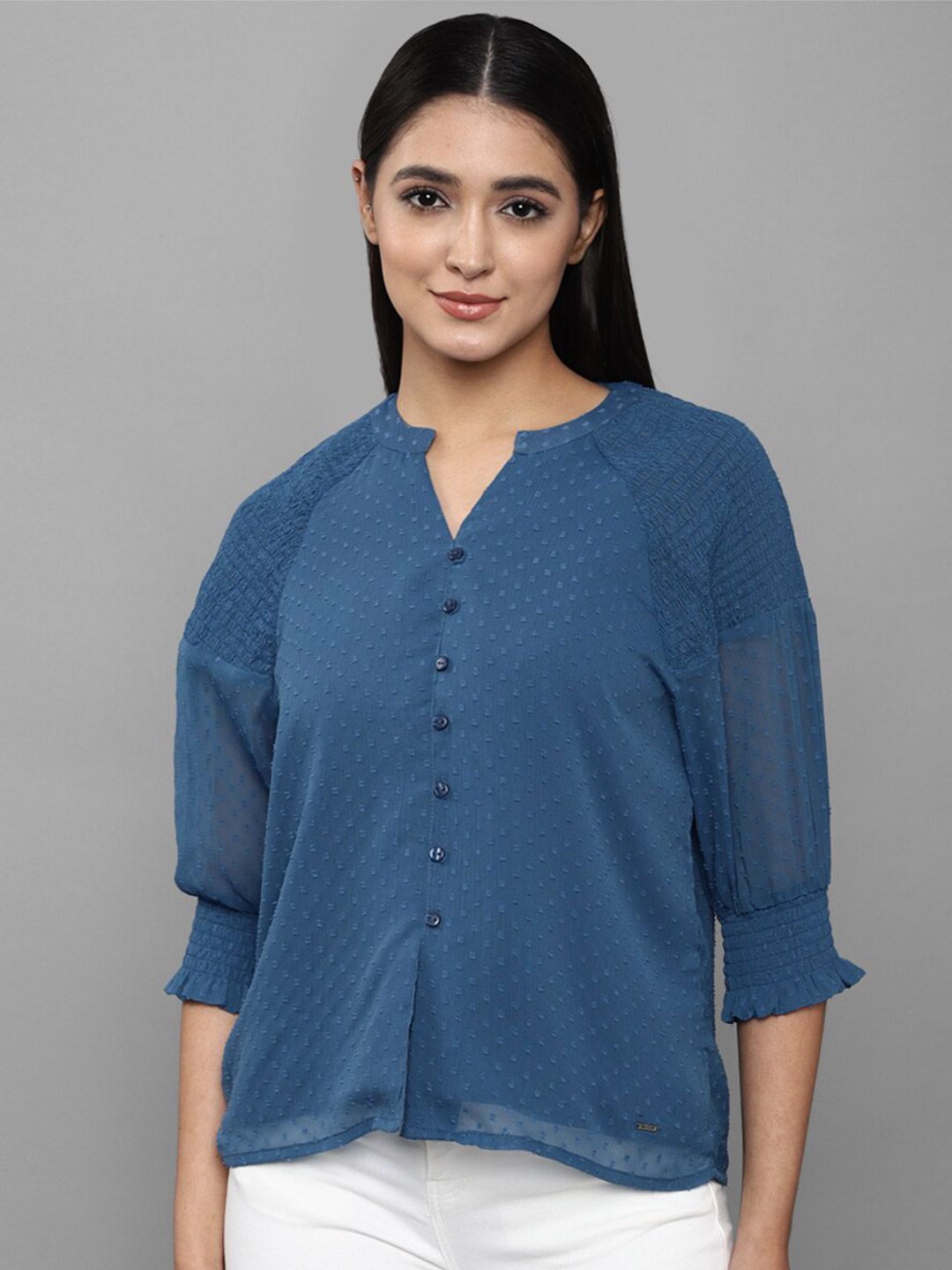Buy Allen Solly Woman Blue Mandarin Collar Sheer Shirt Style Top Find