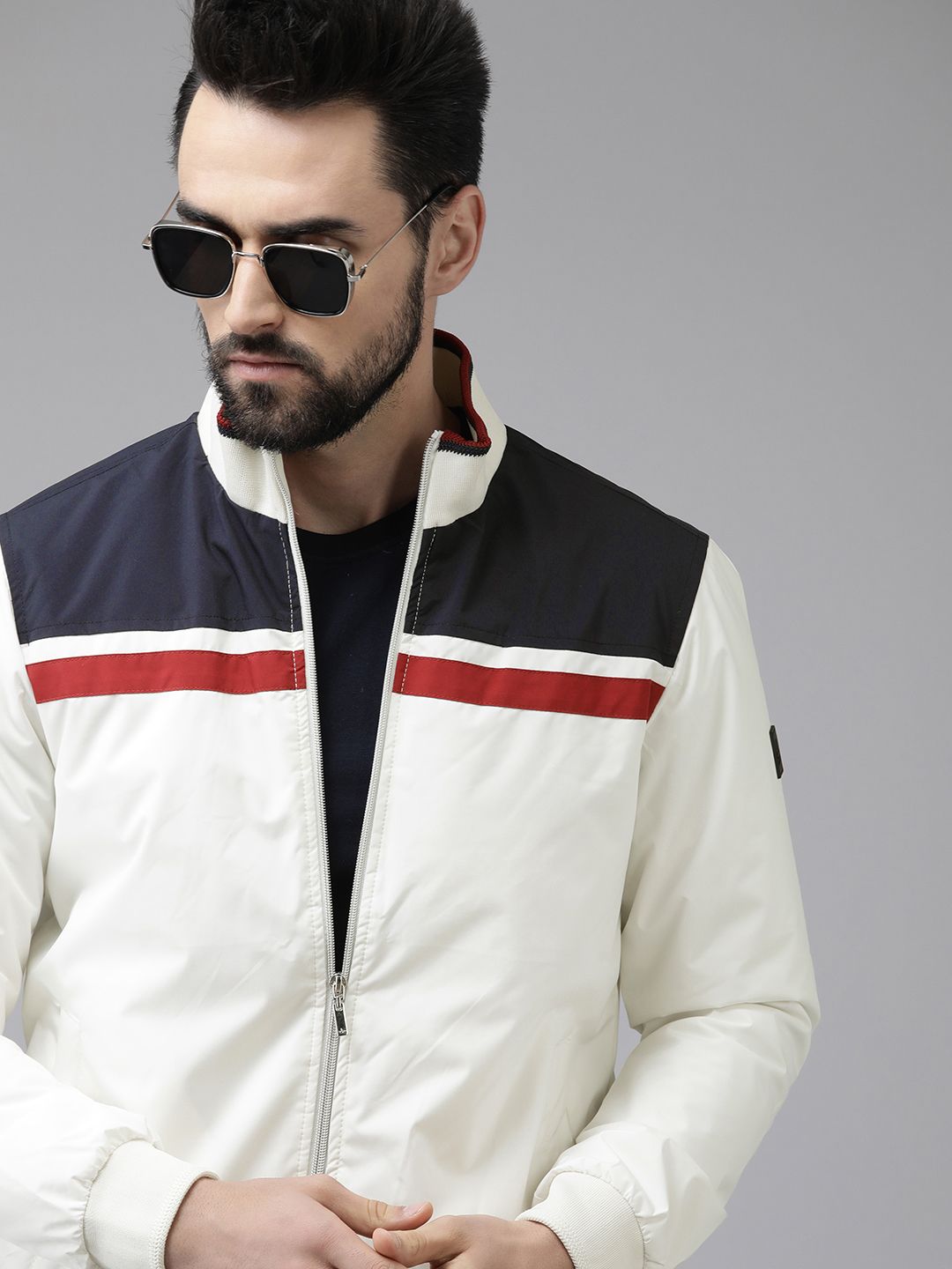 Arrow Men Off White & Navy Blue Colourblocked Bomber Jacket - Price History