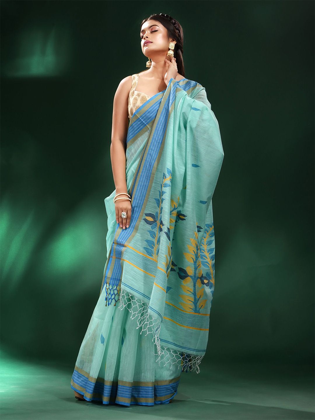 Buy Charukriti Green & Blue Floral Pure Cotton Saree - Sarees for Women ...