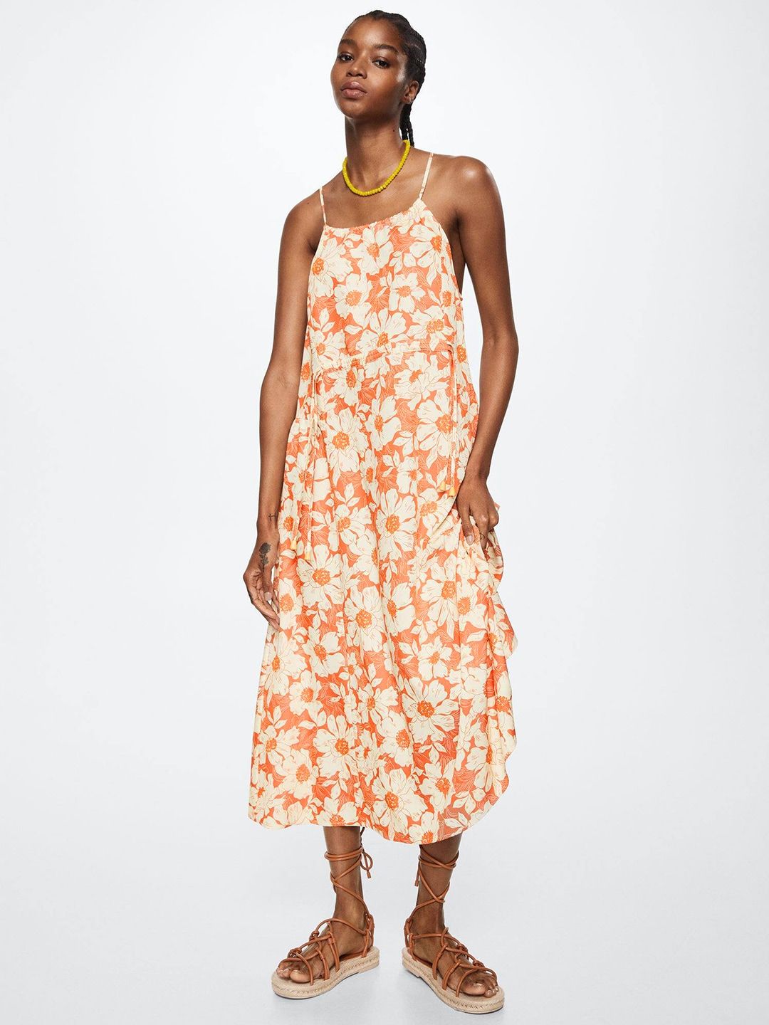 Buy MANGO Off White & Peach Coloured Floral Print A Line Midi Dress ...