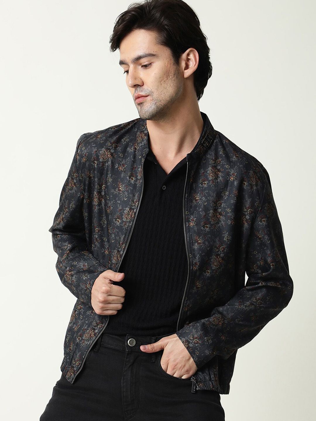 RARE RABBIT Men Navy Blue Floral Bomber Jacket - Price History