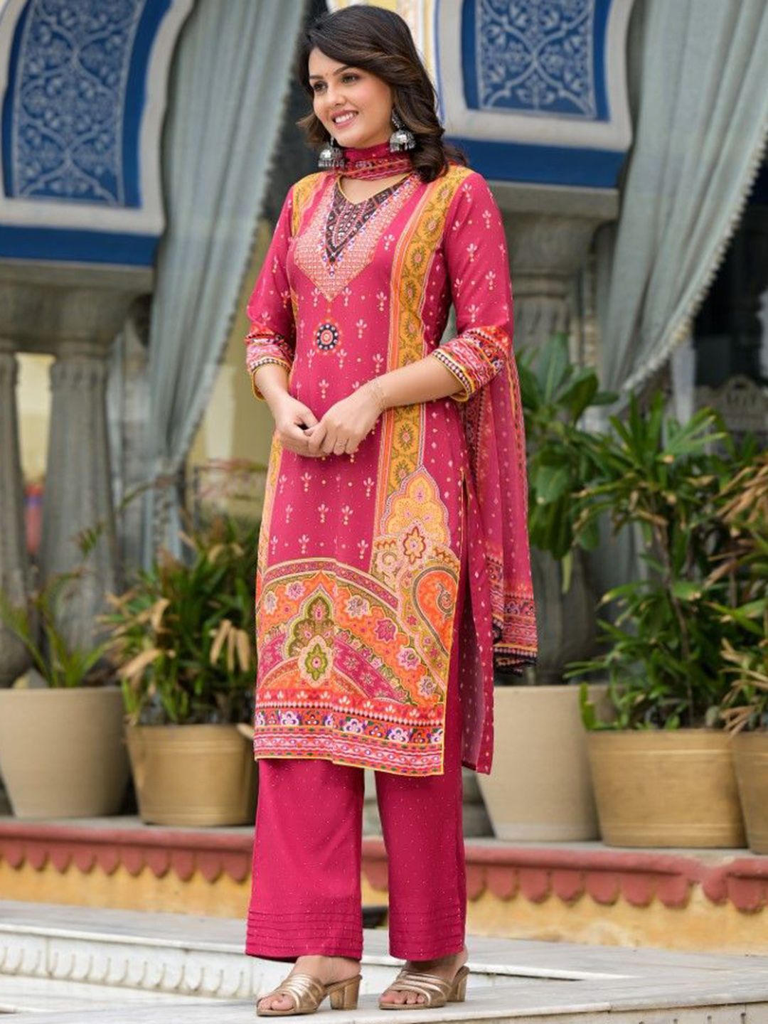Buy Juniper Ethnic Motifs Printed Sequinned Liva Straight Kurta With ...