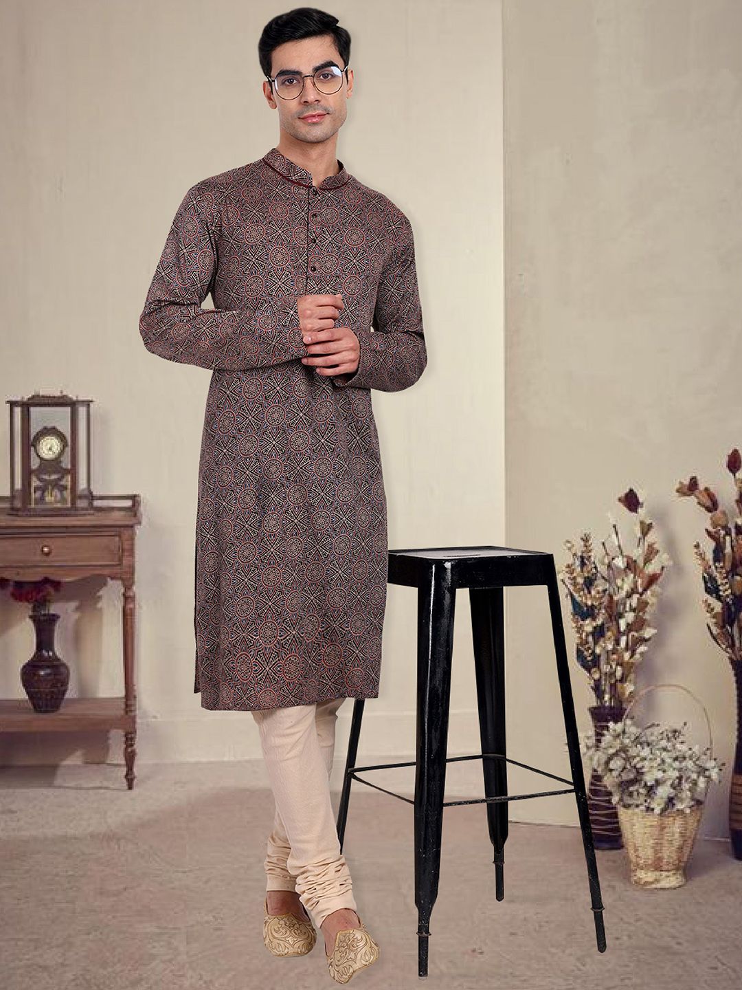 Buy Tesmare Ethnic Motifs Ajrak Printed Mandarin Collar Pure Cotton ...