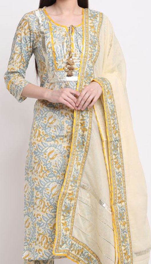 Buy Kalini Floral Printed Tie Up Neck Pure Cotton Straight Kurta With