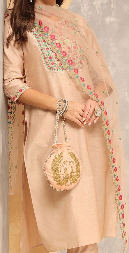 Buy Anouk Beige Notch Neck Floral Embroidered Straight Kurta With ...