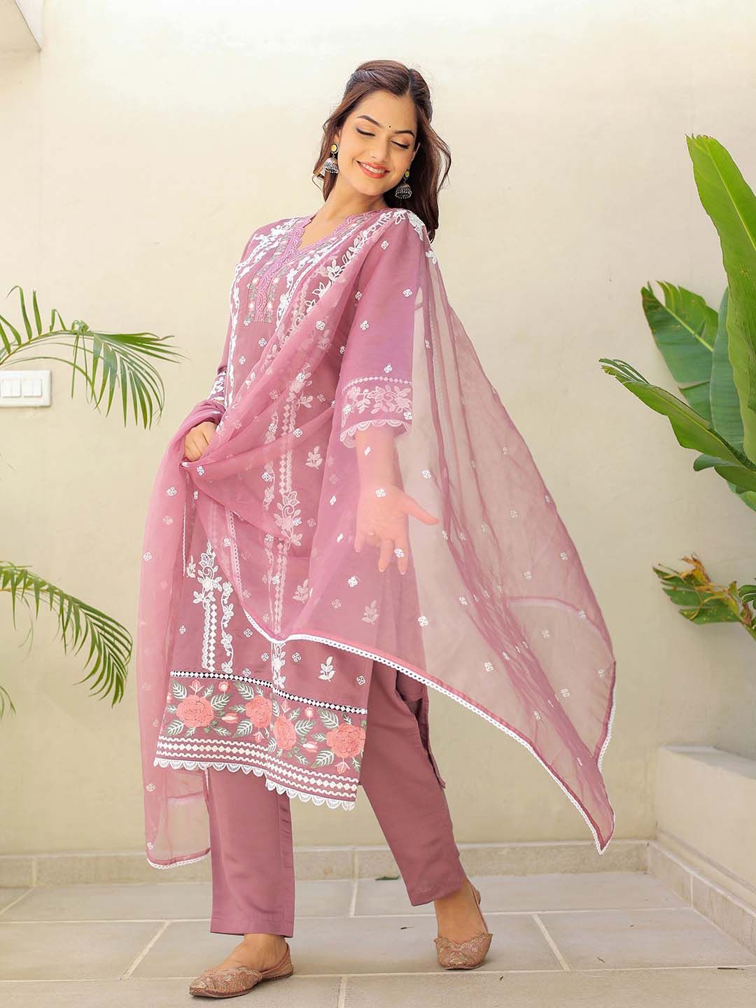 Buy Anouk Pink Floral Embroidered Regular Pure Silk Kurta With Trouser ...