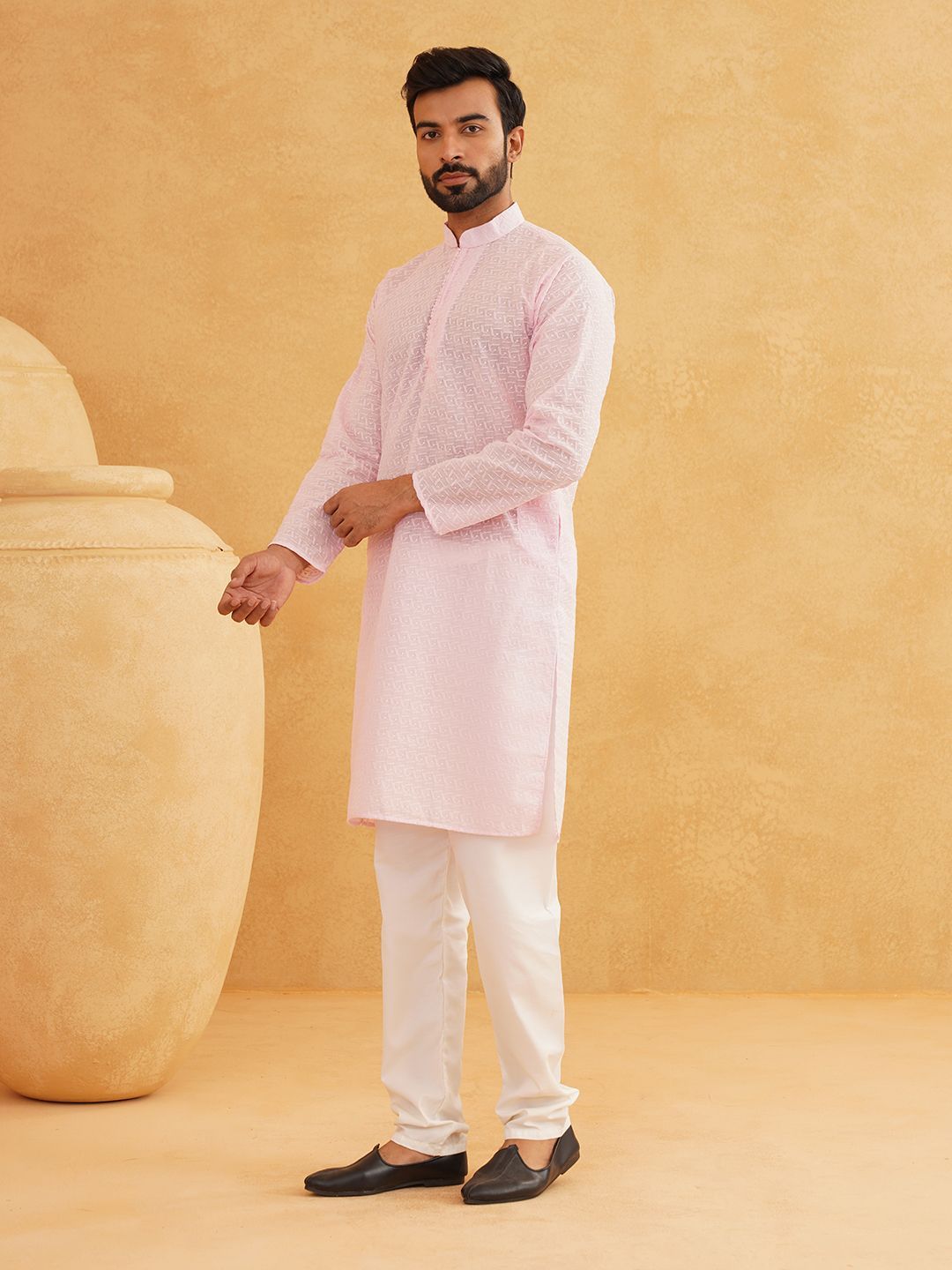 Buy SOJANYA Geometric Embroidered Mandarin Collar Pure Cotton Straight ...