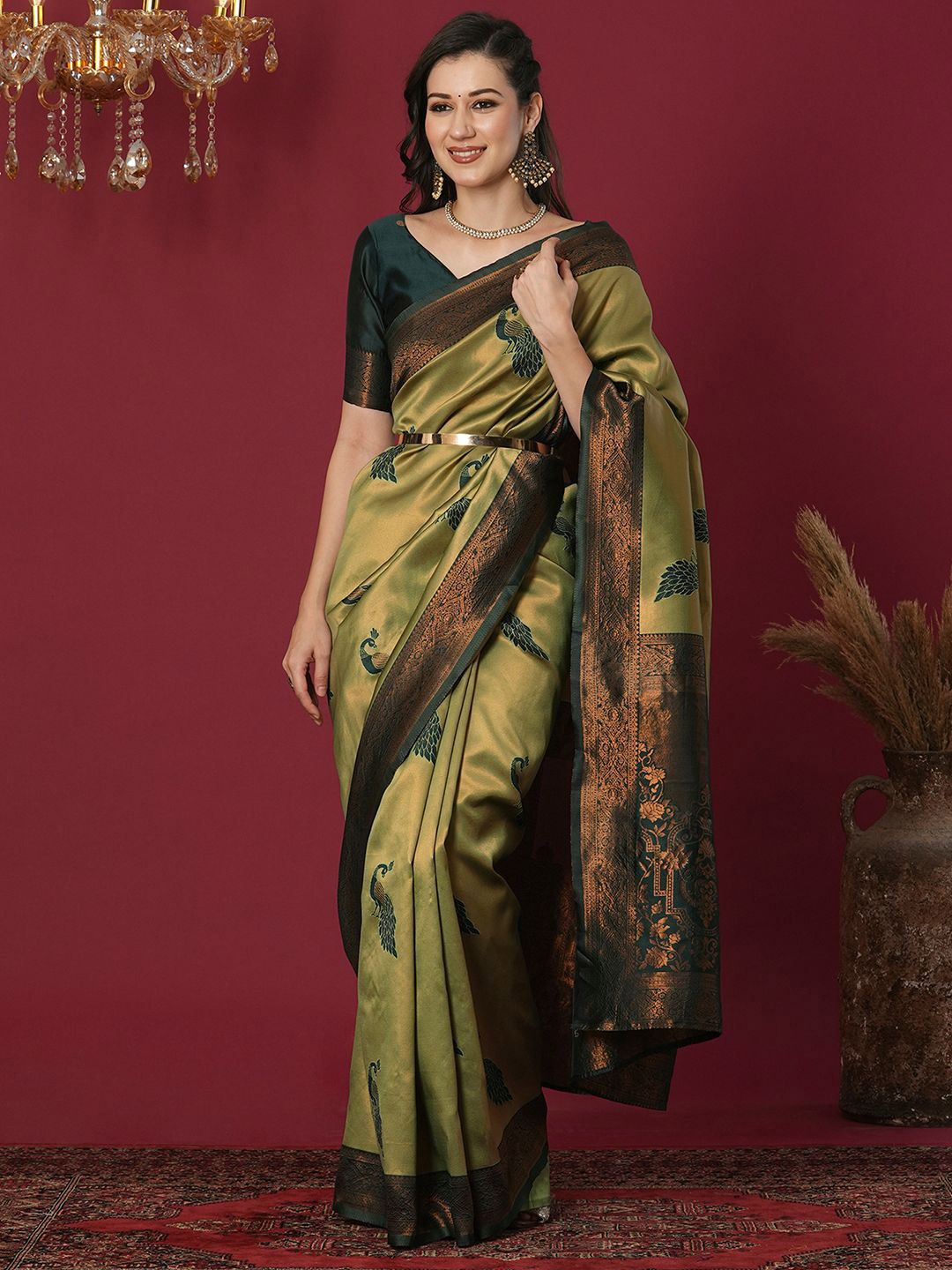 Buy Satrani Woven Design Peacock Motif Zari Banarasi Saree - Sarees for ...