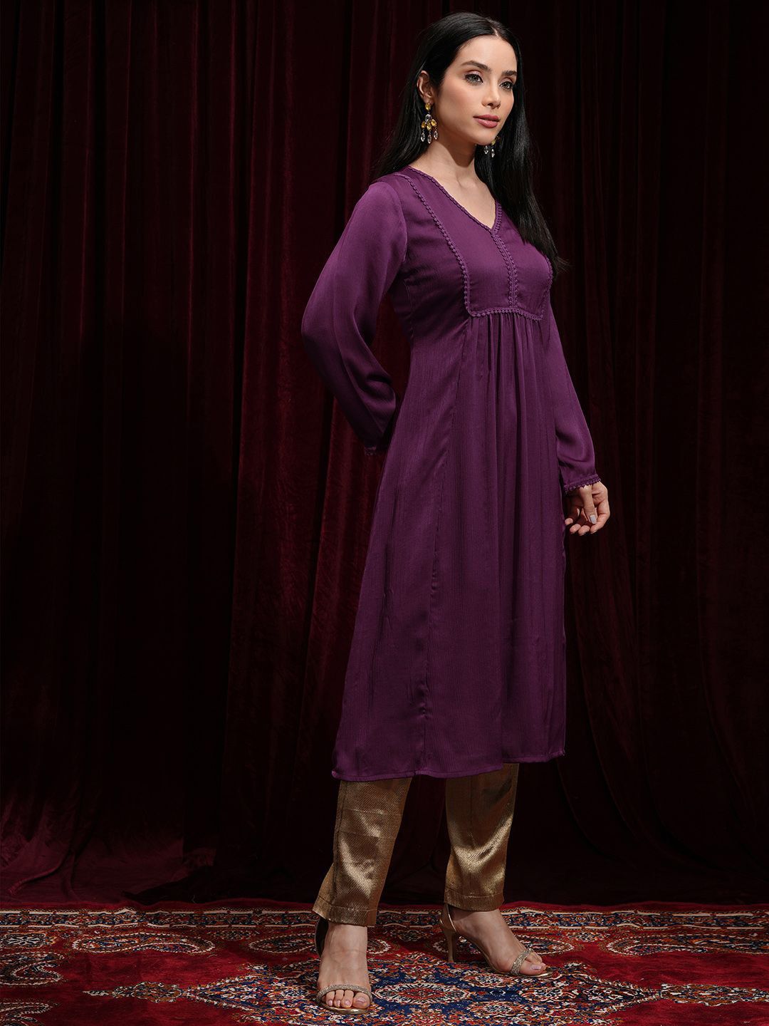 Buy Vishudh Embellished Curved V Neck A Line Kurta - Kurtas for Women ...