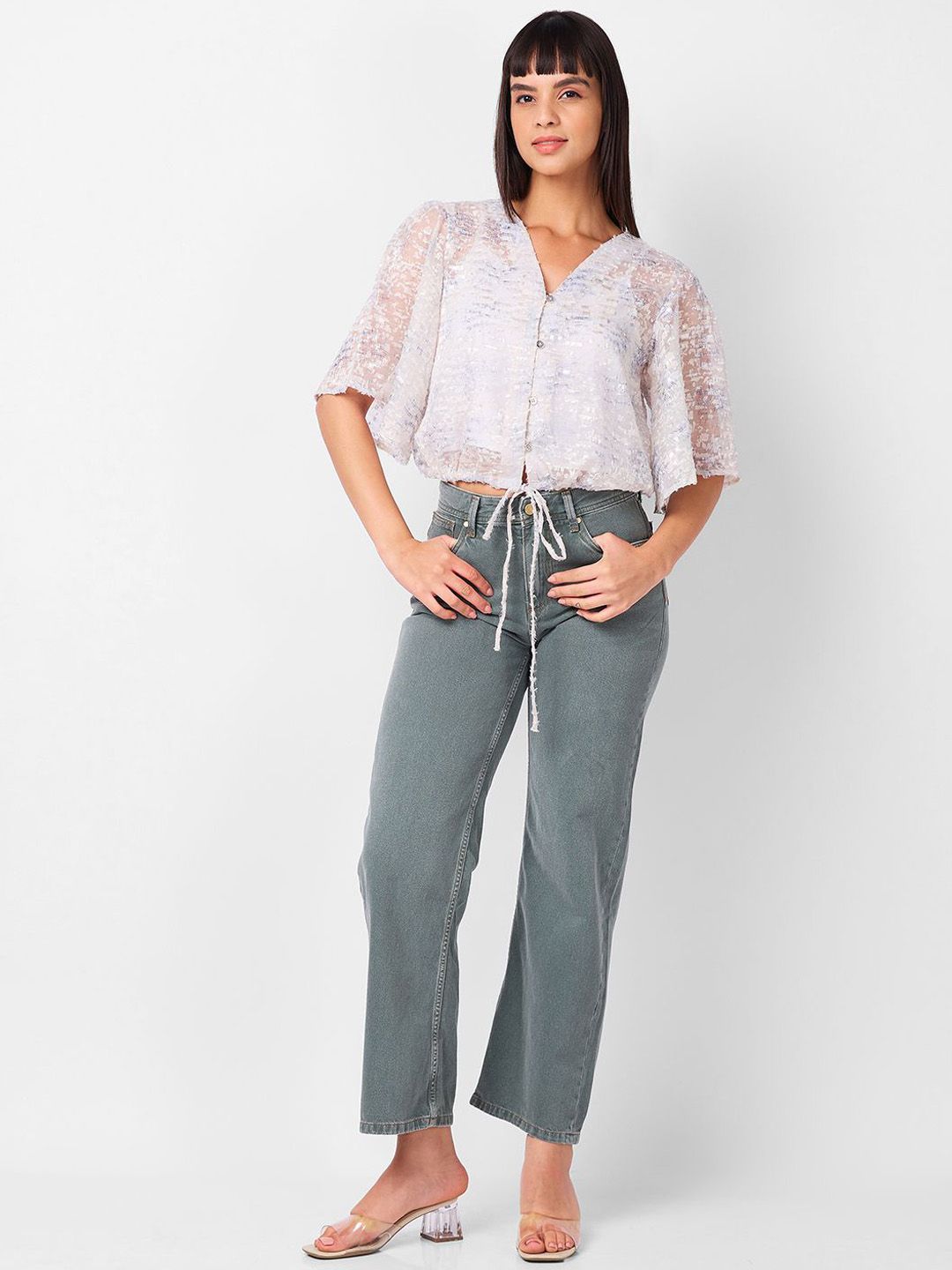 Buy IZEL Women Wide Leg Low Distress Light Fade Jeans - Jeans for Women ...