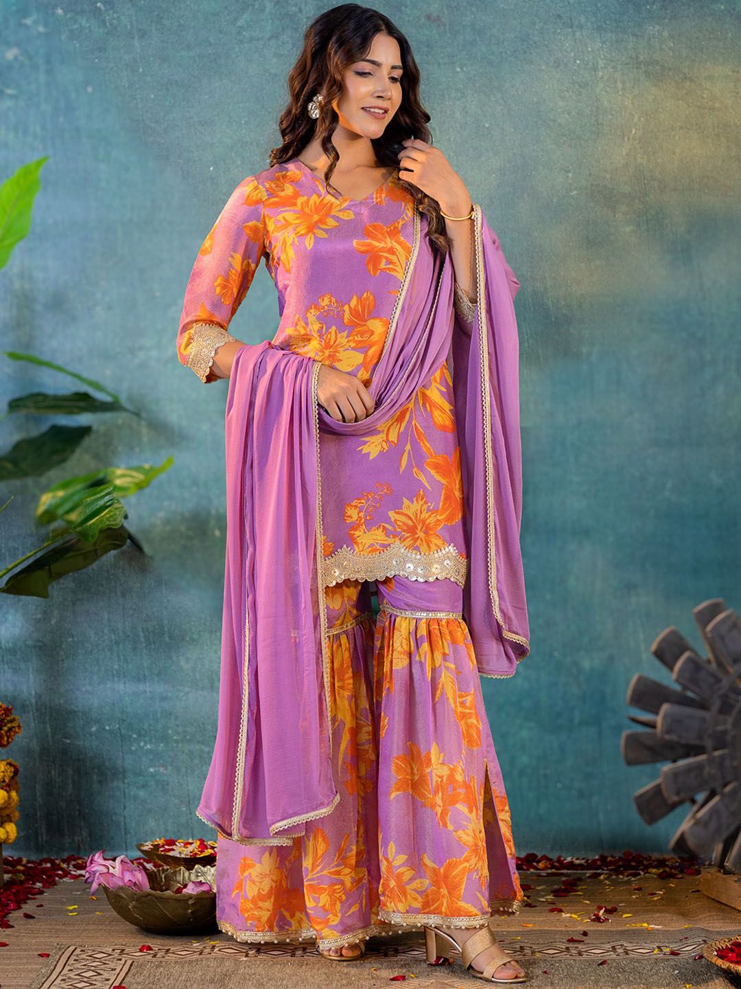 Buy KASYA Floral Printed Beads And Stones V Neck Tissue Kurta With ...