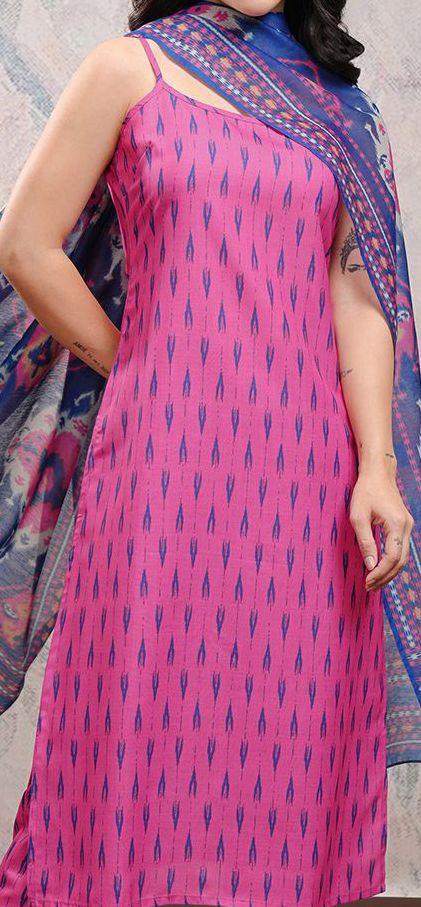 Buy Vishudh Pink Geometric Printed Shoulder Straps Neck Regular Kurta ...