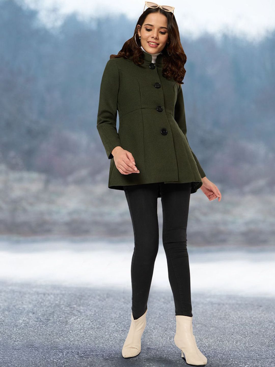 Buy Martini Women Stand Collar Regular Fit Single Breasted Pea Coat ...