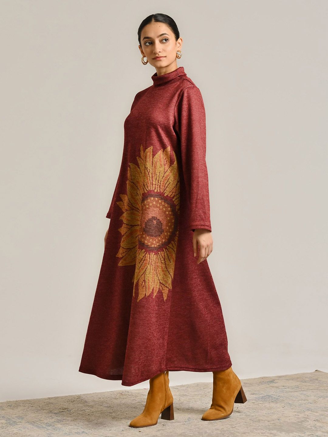 Buy Rustorange Ethnic Motifs Print Cowl Neck Woollen A Line Maxi Dress ...