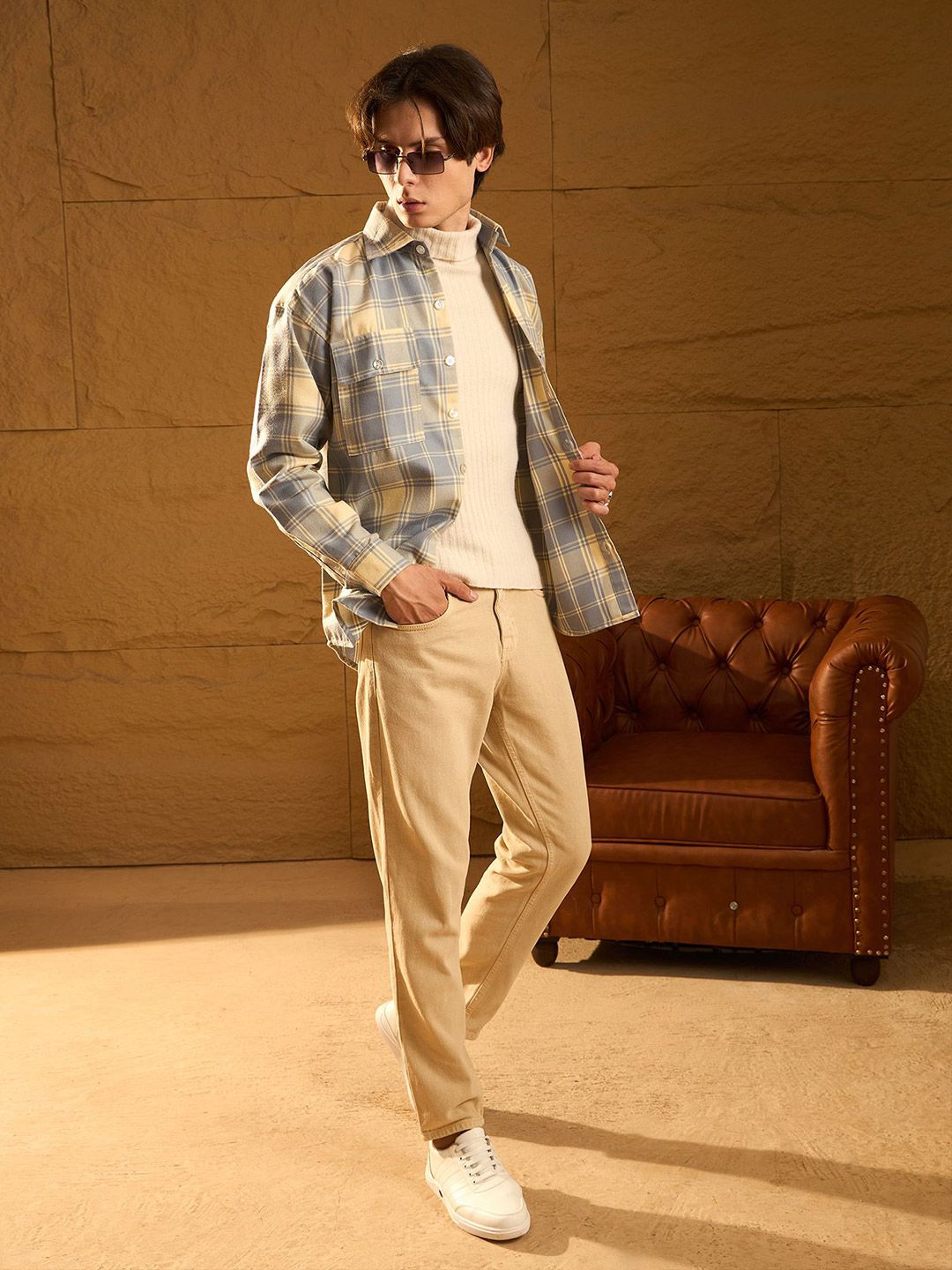 Buy DENNISON Men Double Pocket Drop Shoulder Oversized Cotton Checked ...