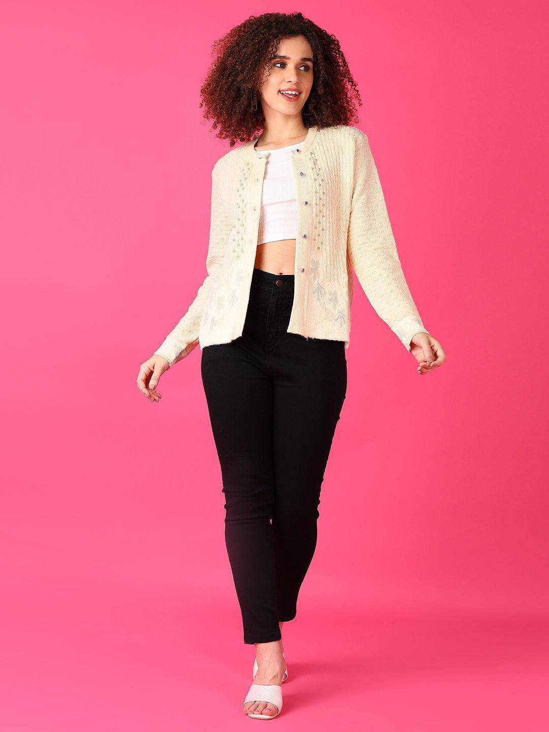 Buy V Mart Women Floral Cotton Cardigan With Embellished Detail ...