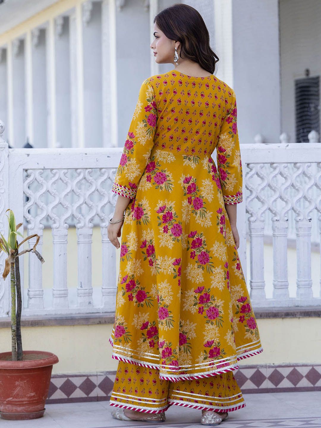 Buy Anouk Floral Embroidered Empire Pure Cotton Anarkali Kurta With Palazzos & Dupatta - Kurta ...