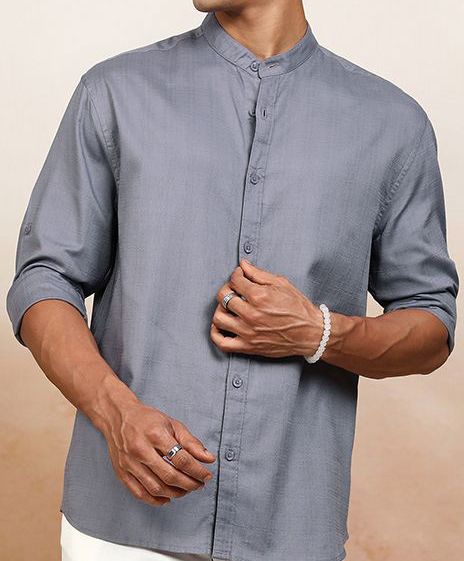 Buy Highlander Men Dobby Striped Mandarin Collar Roll Up Sleeve Relaxed ...