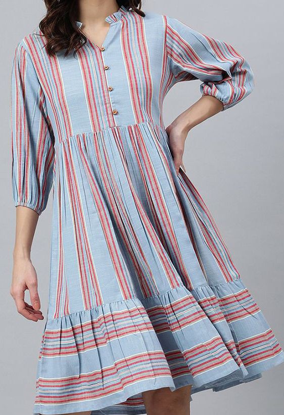 Buy KALINI Women Cotton Striped Puff Sleeve Fit & Flare Dress - Dresses ...