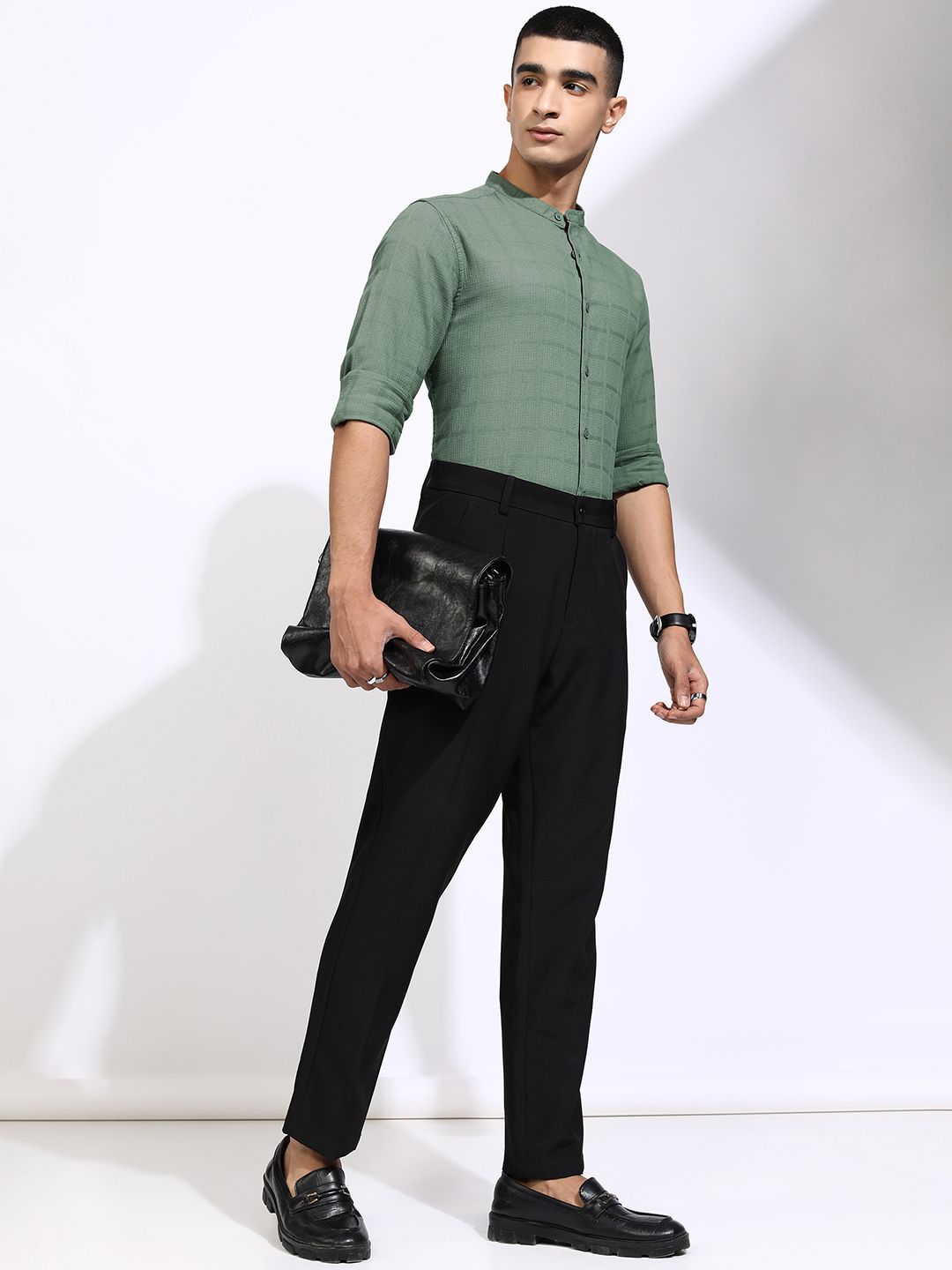 Buy HIGHLANDER Men Olive Dobby Textured Checked Oversized Regular Fit ...