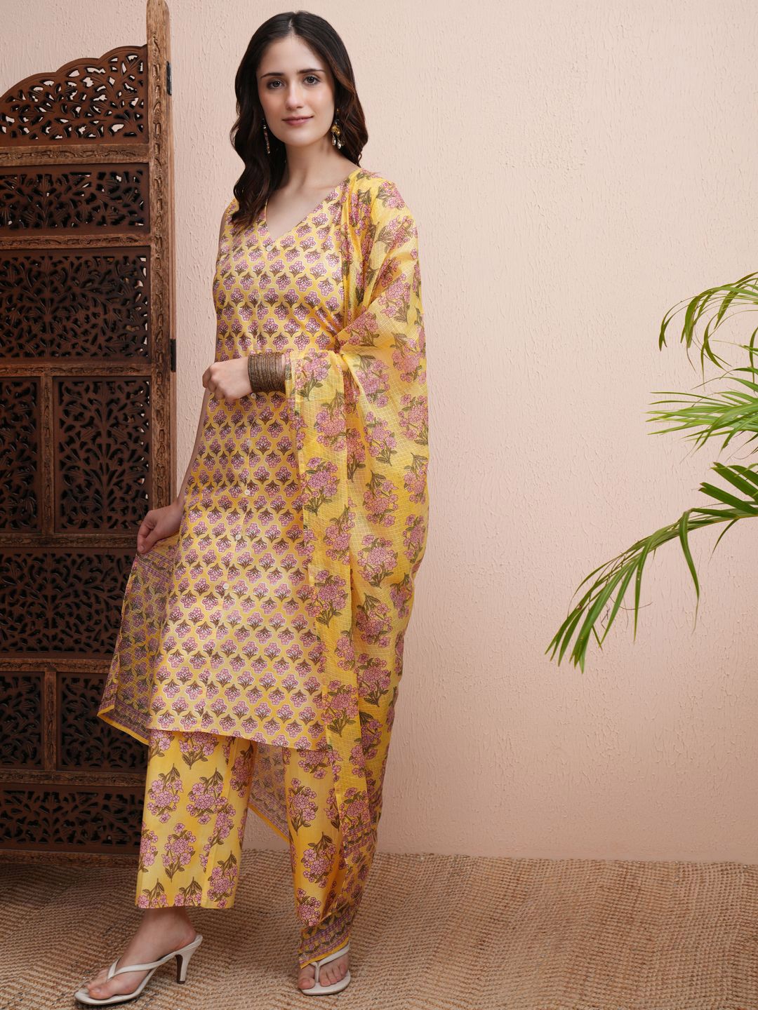 Buy Vishudh Yellow Floral Printed Pure Cotton Straight Kurta With ...