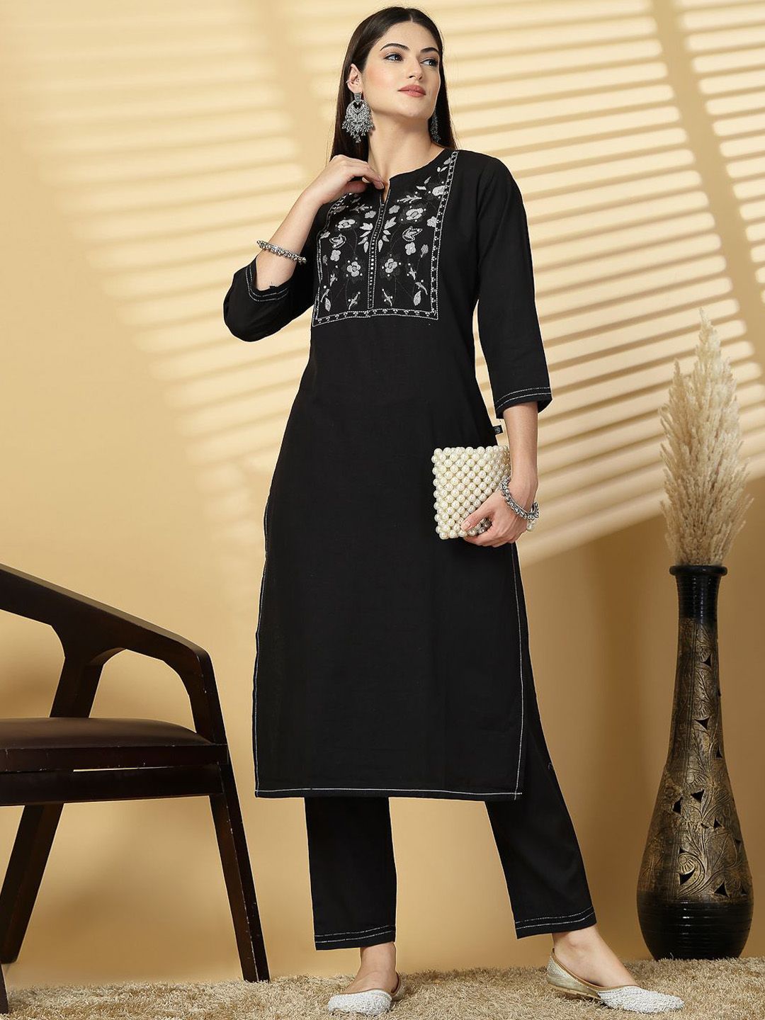 Buy Pistaa Floral Embroidered Sequined Yoke Design Kurta With Trousers ...