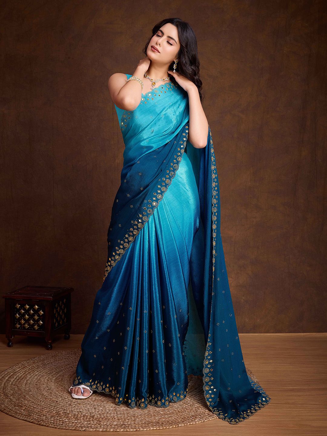 Buy Mitera Ombre Mirror Work Poly Chiffon Saree - Sarees for Women ...