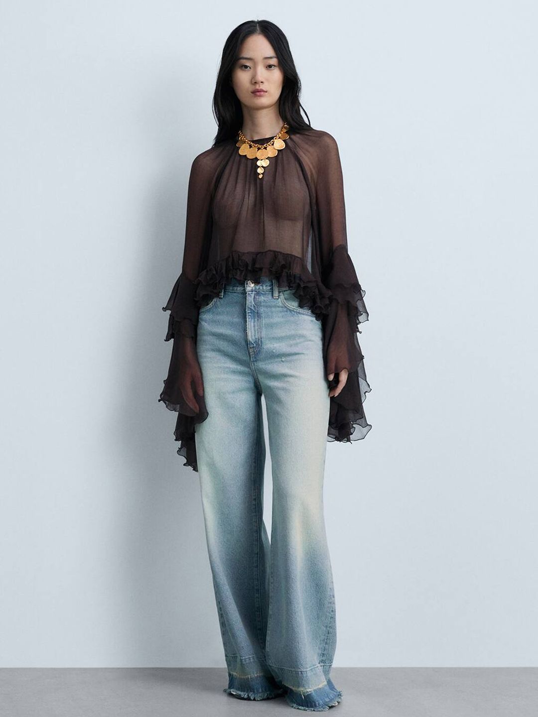 Buy MANGO Ruffled Detail Cape Sleeves Sheer Chiffon Top - Tops for ...