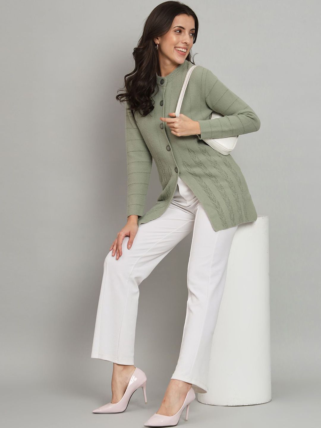 Buy Chemistry Women Cable Knit Self Design Woollen Longline Cardigan ...