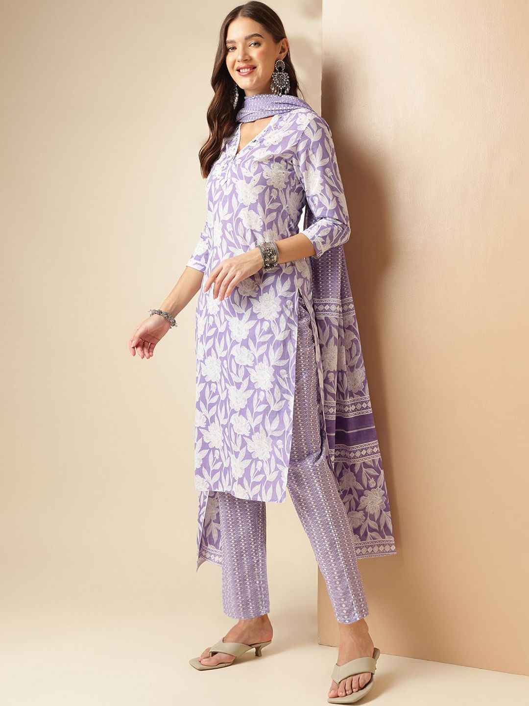 Buy Anouk Floral Printed V Neck Regular Pure Cotton Kurta With Trouser With Dupatta - Kurta Sets ...