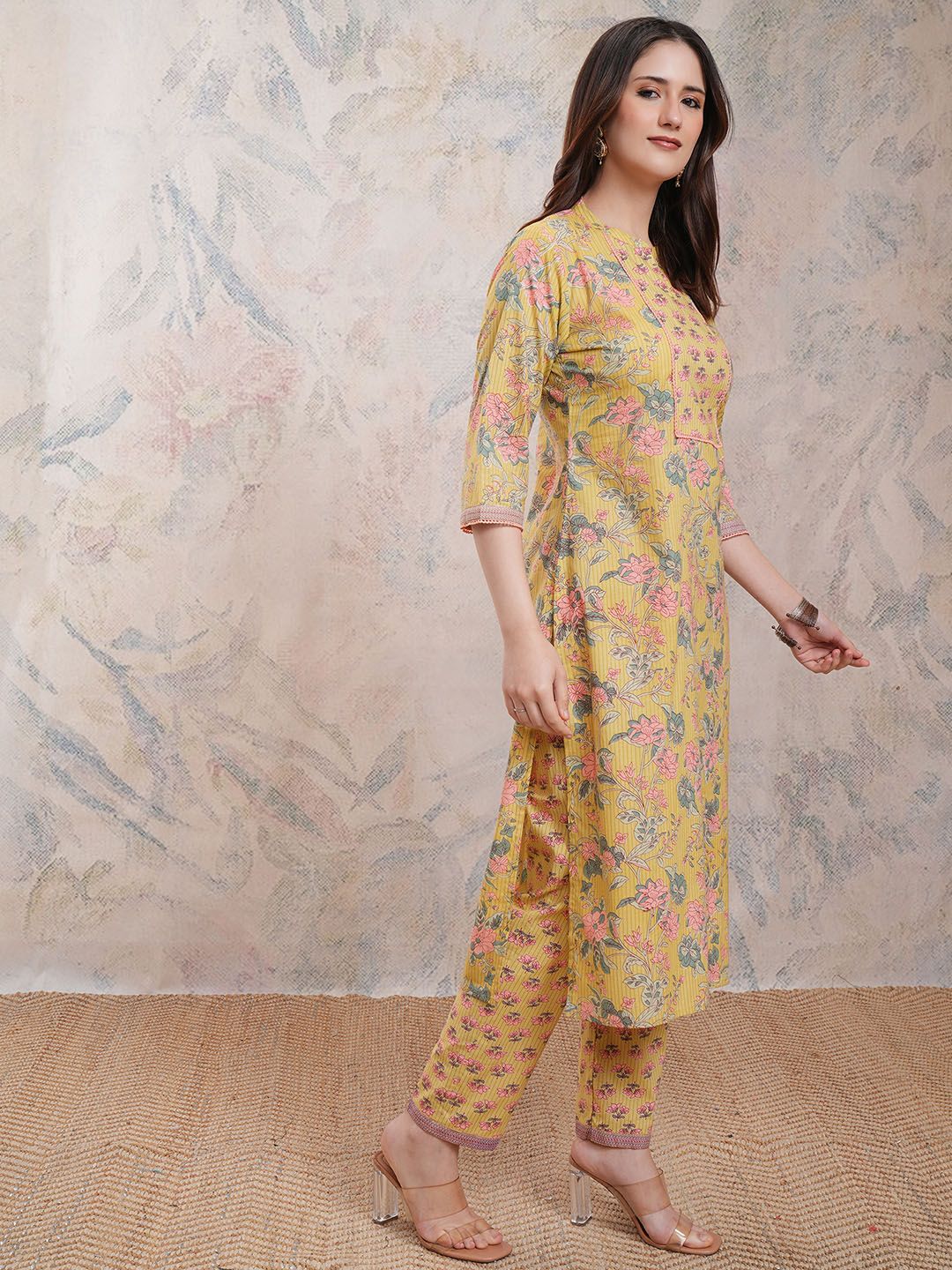 Buy Vishudh Floral Printed Pure Cotton Kurta With Trousers & Dupatta ...