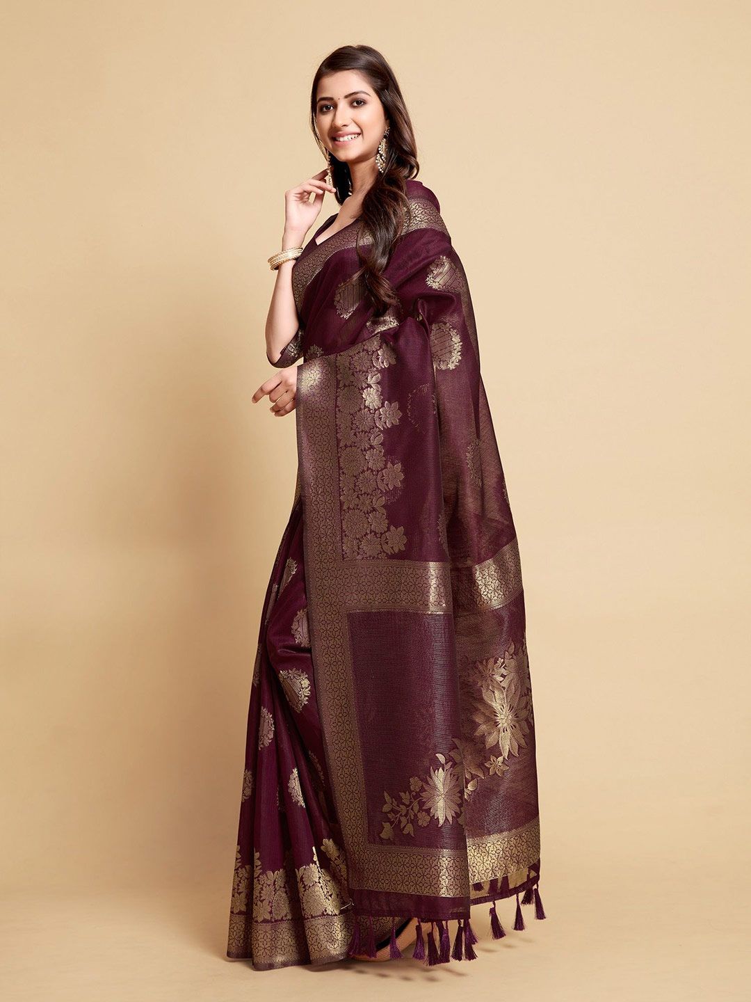 Buy MAHALASA Ethnic Motifs Zari Linen Blend Chanderi Saree With ...