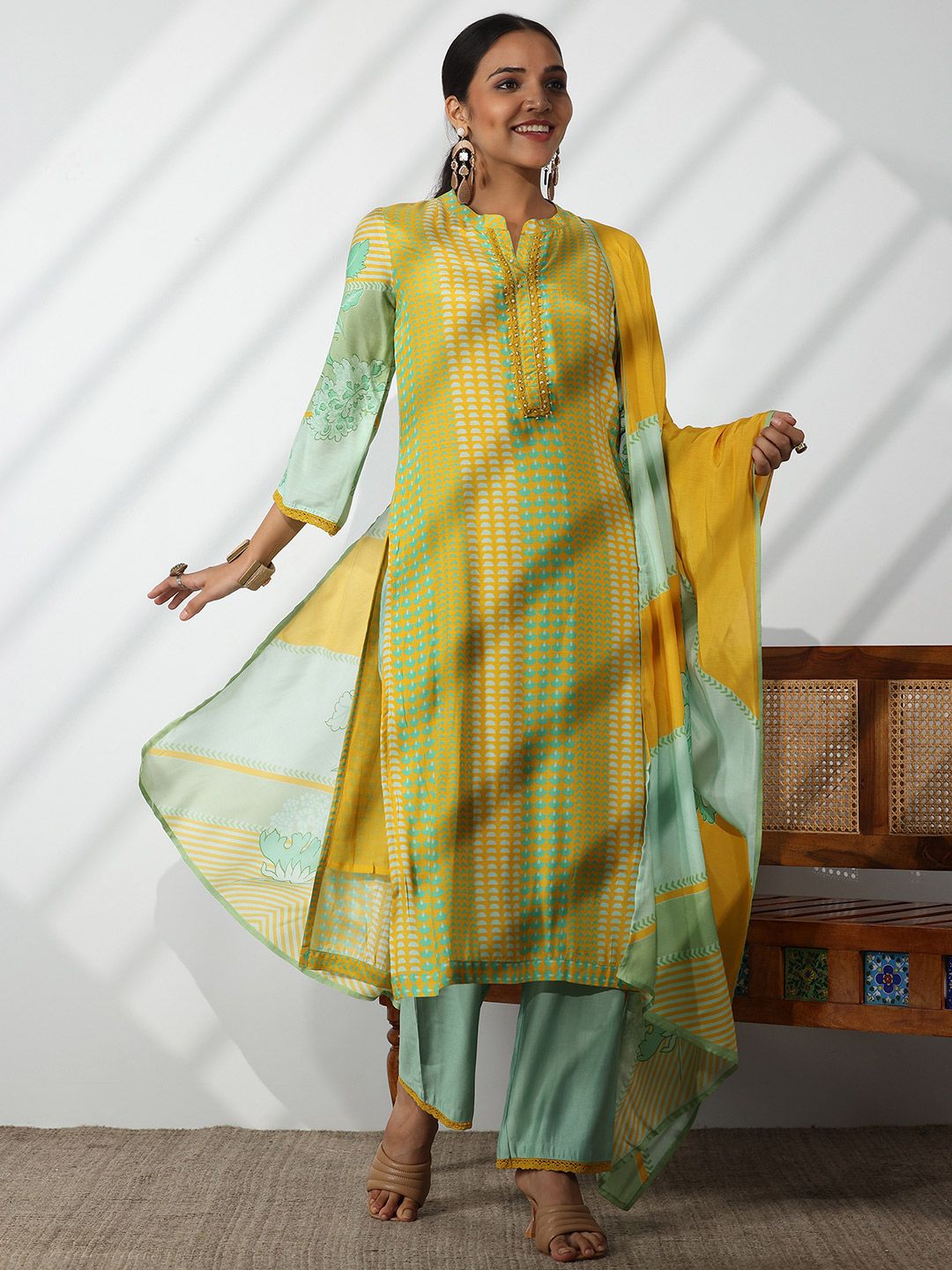 Buy Libas Ethnic Motifs Printed Beads And Stones Straight Kurta With Trousers & Dupatta - Kurta ...