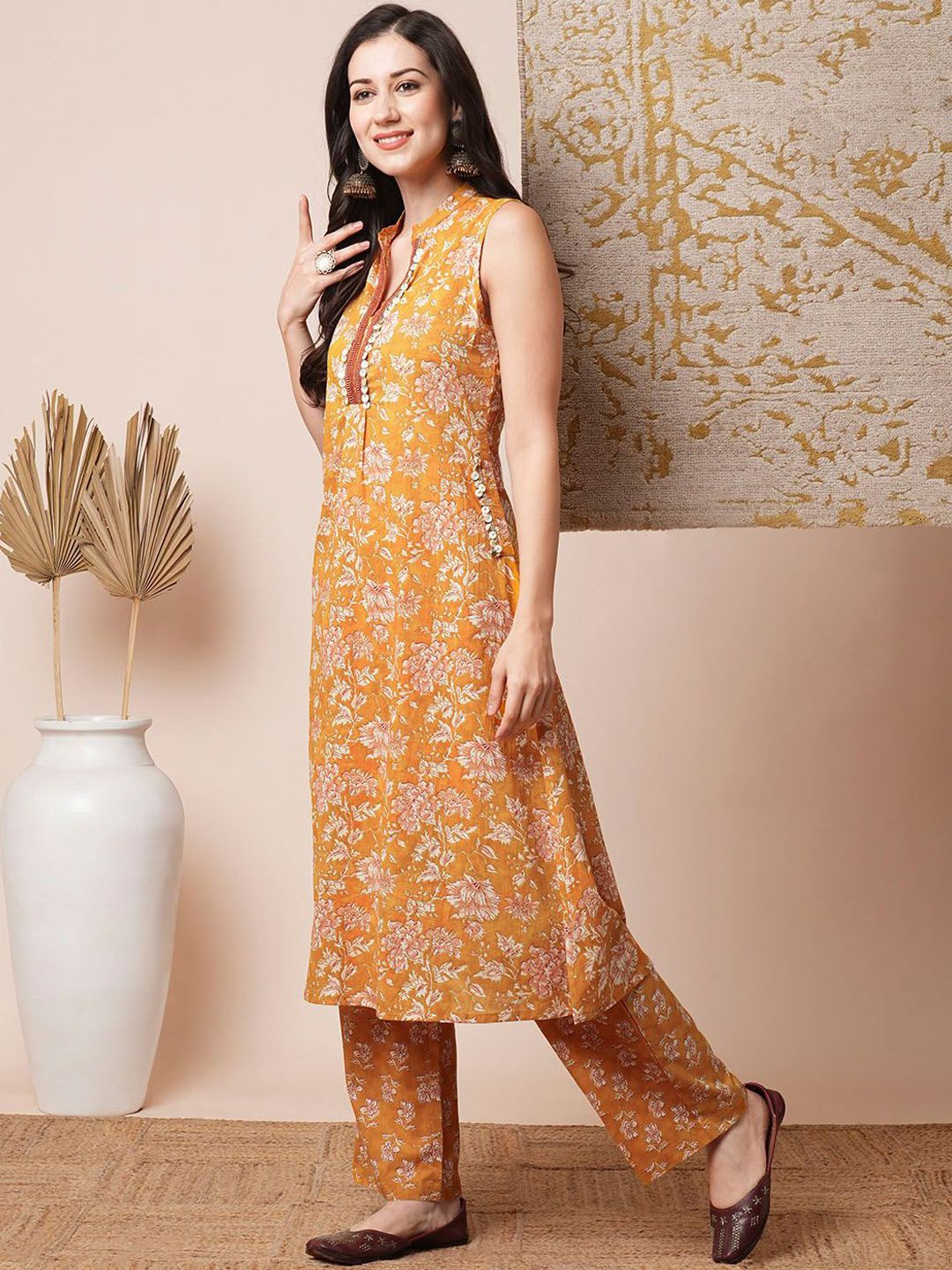 Buy FASHOR Yellow Floral Printed Mandrain Collar Pure Cotton A Line ...