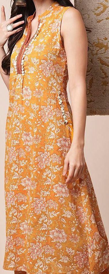 Buy FASHOR Yellow Floral Printed Mandrain Collar Pure Cotton A Line ...