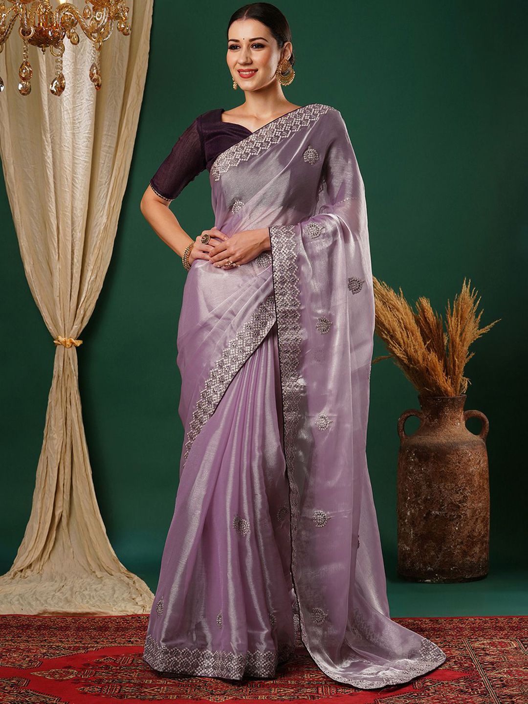 Buy Satrani Ethnic Motifs Embroidered Tissue Saree - Sarees for Women ...