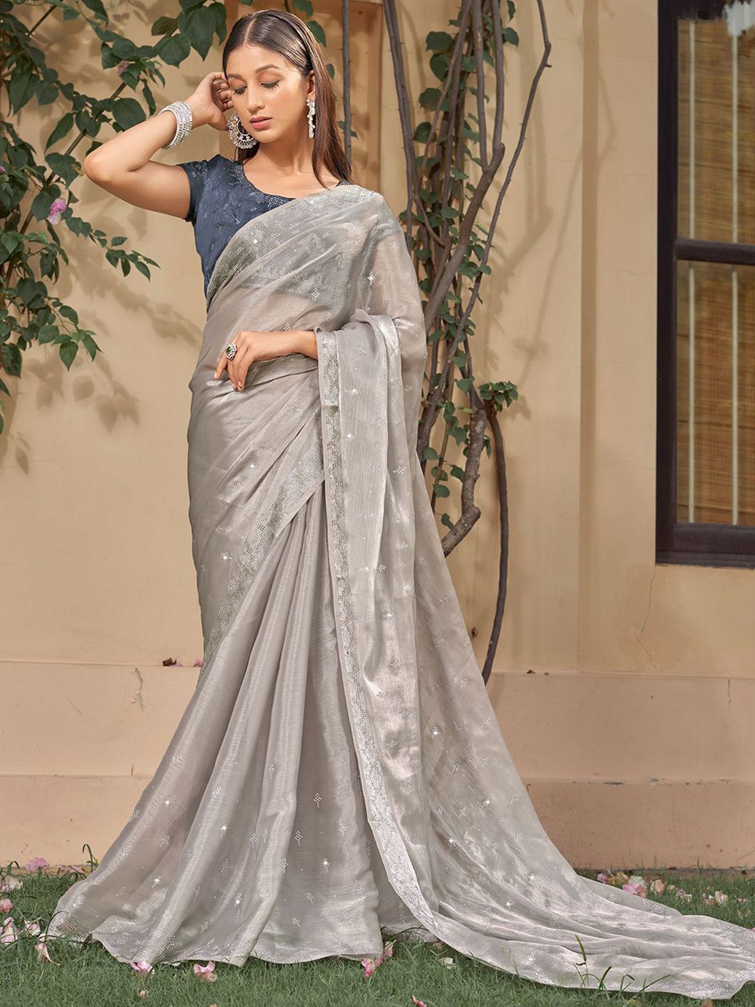 Buy Satrani Embellished Beads And Stones Tissue Saree - Sarees for ...